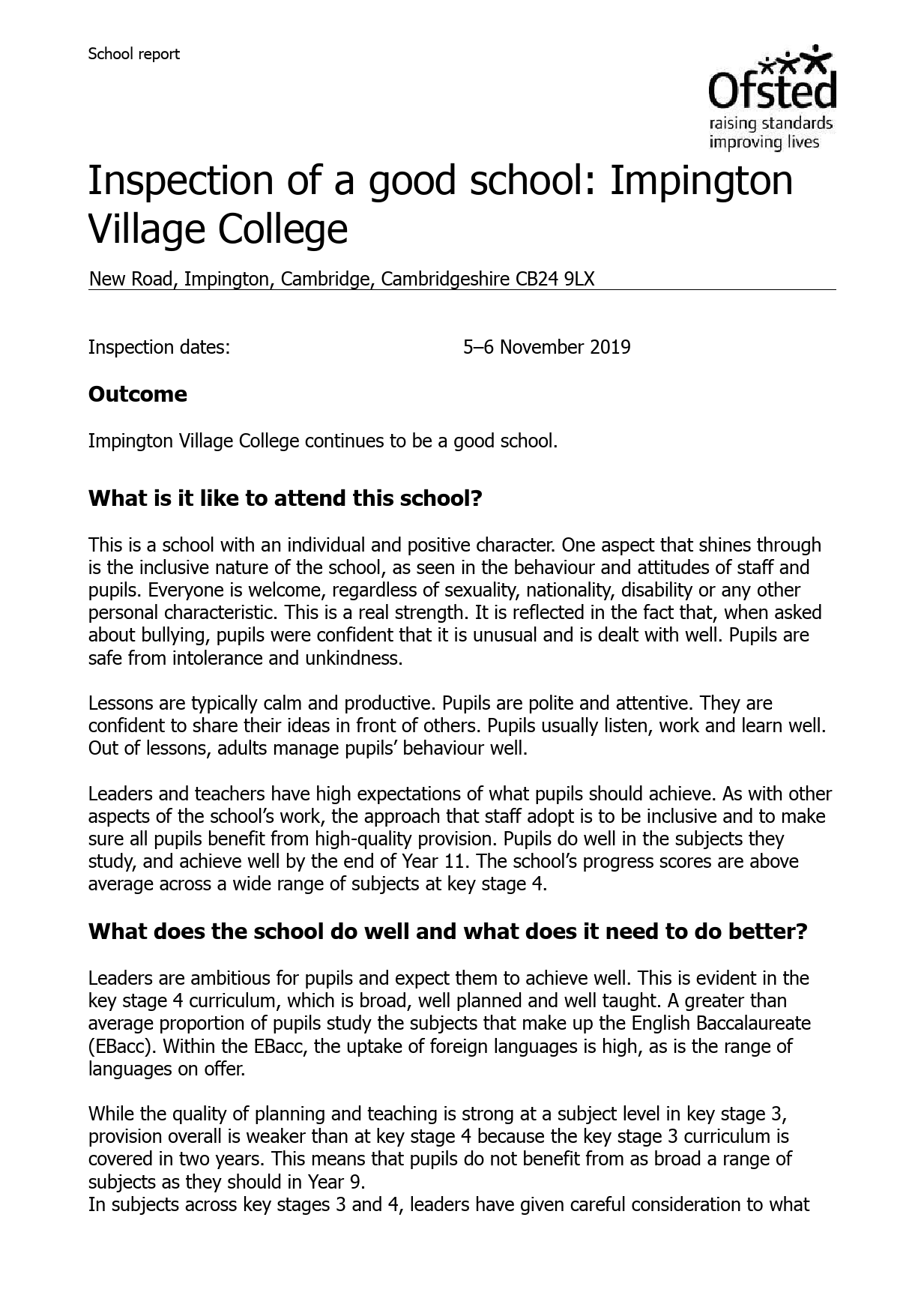 Impington Village College Inspection Report - WhichSchoolAdvisor