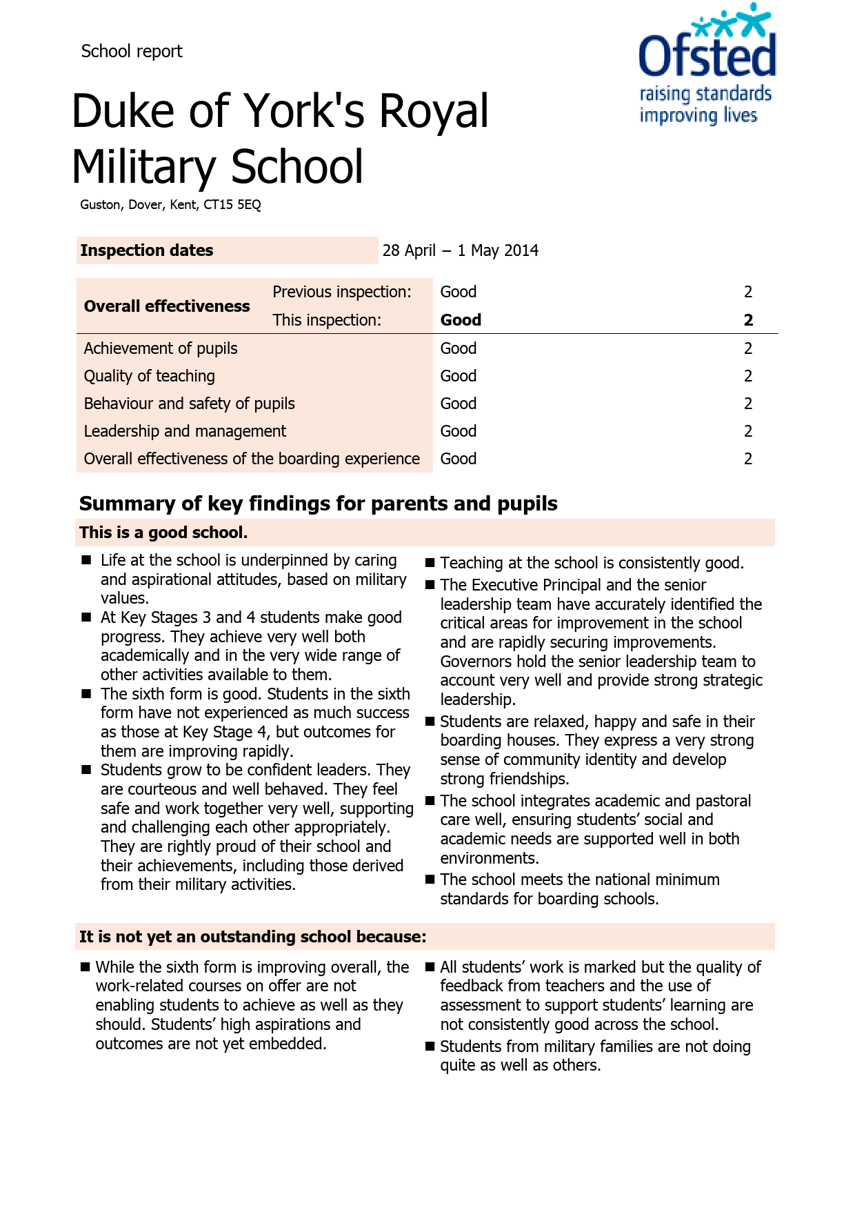 Duke of York's Royal Military School Inspection Report - WhichSchoolAdvisor